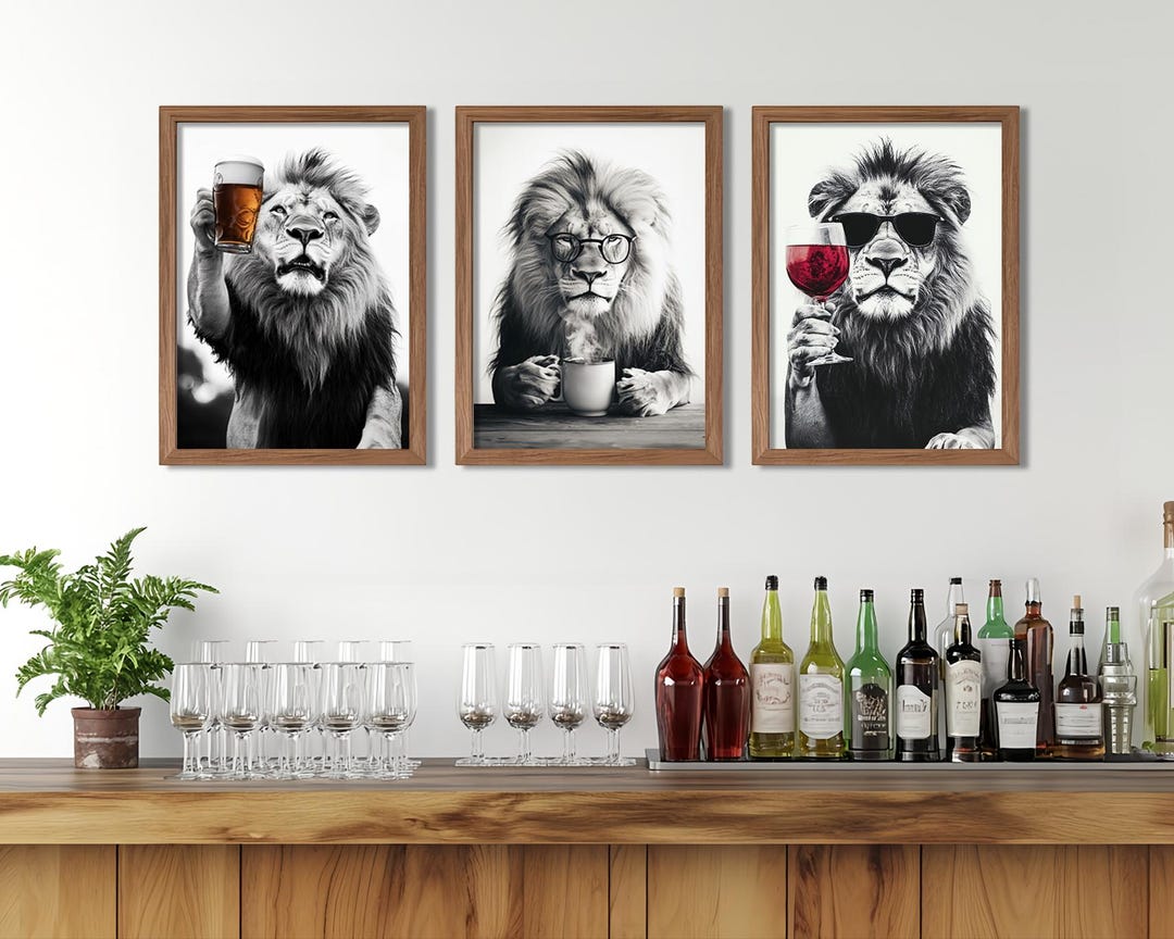 Funny Kitchen Wall Art, Kitchen Canvas Set, Lion Drinking Beer, Wine ...