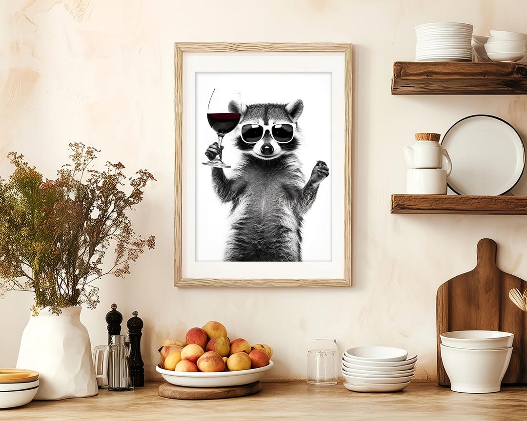Raccoon Drinking Red Wine Poster, Funny Kitchen Wall Art, Retro Home ...