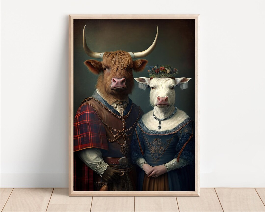Aristocratic Highland Cow Couple, Poster Canvas, Funny Animal Wall Art ...