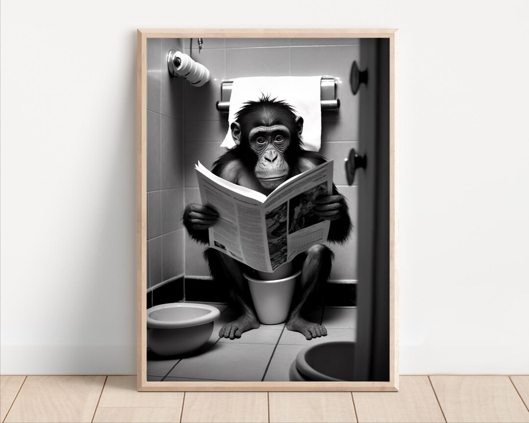 Monkey on Toilet Reading Newspaper, Poster Canvas, Funny Bathroom Wall ...