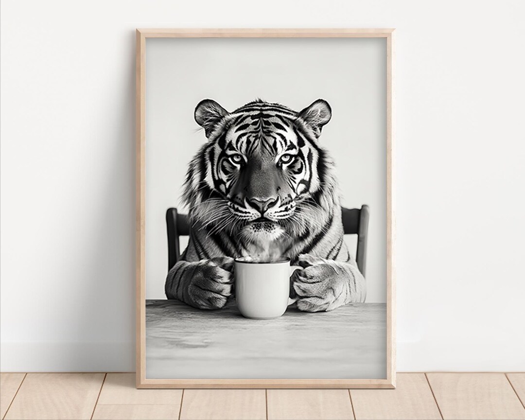 Tiger Drinking Coffee, Poster or Canvas, Funny Kitchen Wall Art, Coffee Shop Decor, Coffee Lover ...