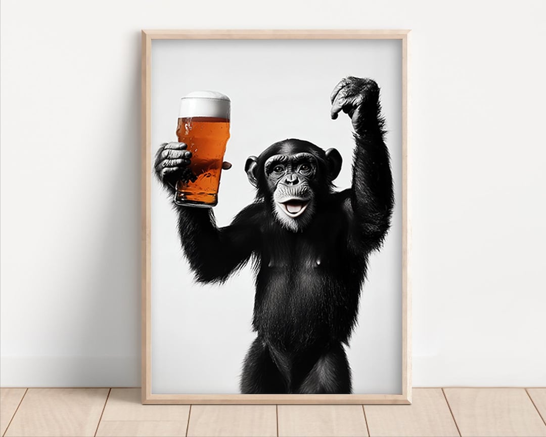 Funny Monkey Drinking Beer Print: Retro Kitchen, Bar, or Man Cave Art ...