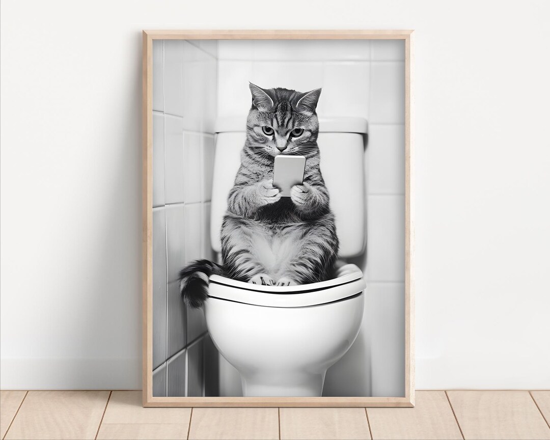 Funny Cat on Toilet Print: Vintage Bathroom Wall Art - Etsy