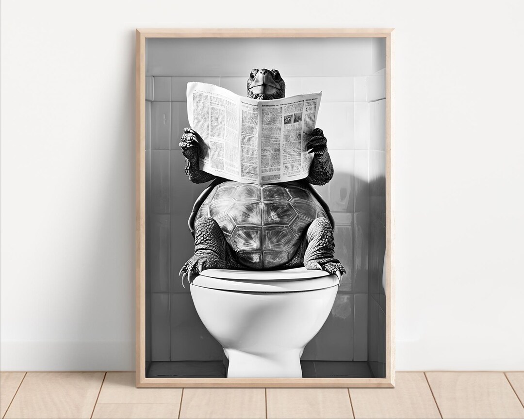 Turtle on Toilet Reading Newspaper, Poster Canvas, Funny Bathroom Wall ...