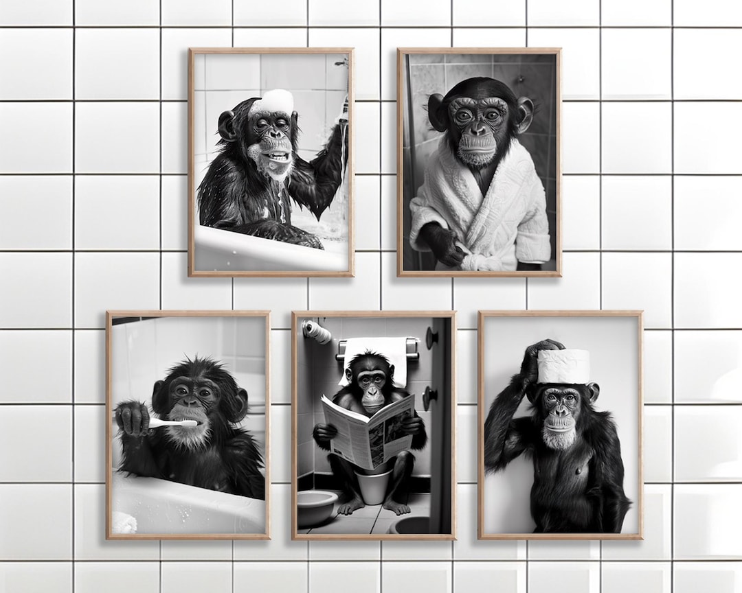 Monkey Wall Art Set, Funny Bathroom Decor, Poster Canvas, Monkey on ...