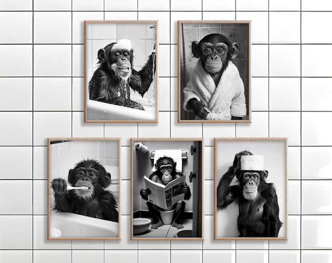 Chimp on Toilet Print - Monkey on Cell Phone Red Pyjamas Chimpanzee ...