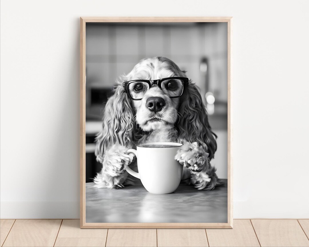 Cocker Spaniel Dog Drinking Coffee & Wearing Glasses, Poster or Canvas ...