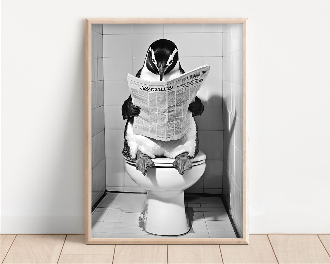 Penguin on Toilet Reading Newspaper, Poster Canvas, Funny Bathroom Wall ...