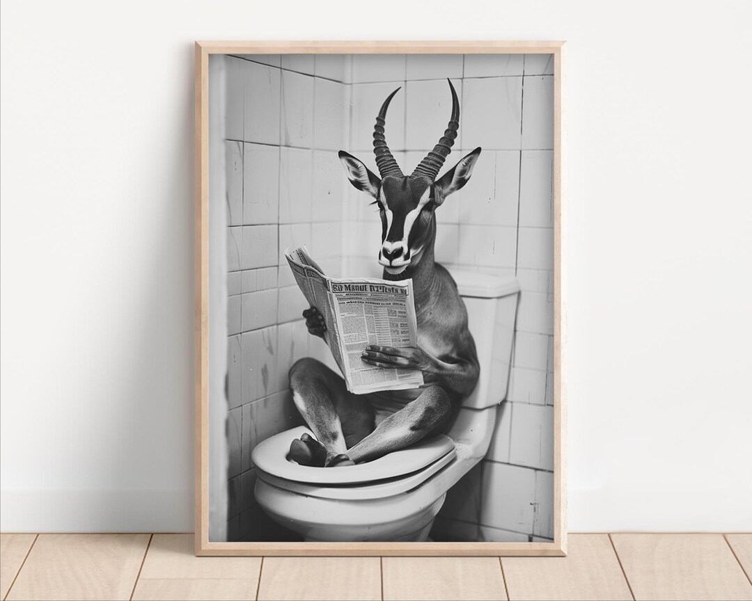 Impala on Toilet Reading Newspaper, Poster Canvas, Funny Bathroom Wall ...