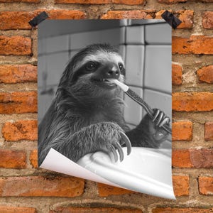 Sloth Brushing Teeth, Poster or Canvas, Funny Bathroom Wall Art, Kids ...