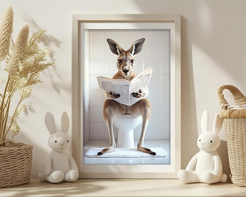 Kangaroo on Toilet Reading Newspaper, Poster Canvas, Funny Bathroom ...