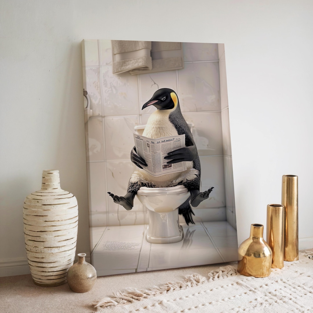 Penguin Sitting on Toilet Reading Newspaper, Poster or Canvas, Funny ...