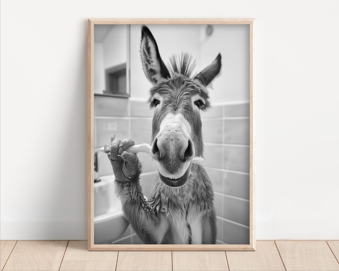 Donkey Brushing Teeth, Poster or Canvas, Funny Bathroom Wall Art ...