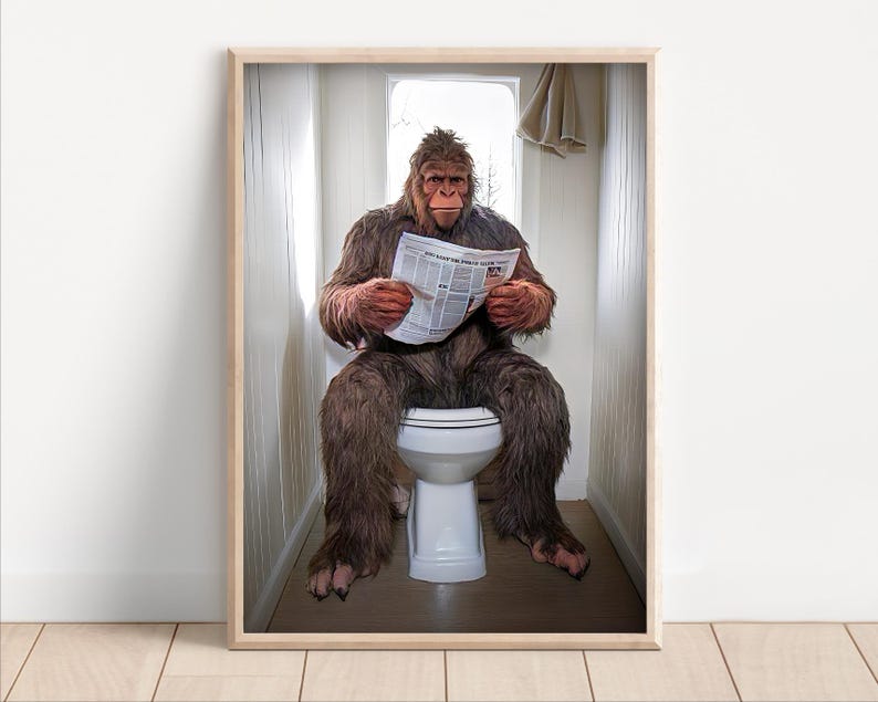 Funny Sasquatch on Toilet Bathroom Wall Art, Poster Canvas, Hilarious ...