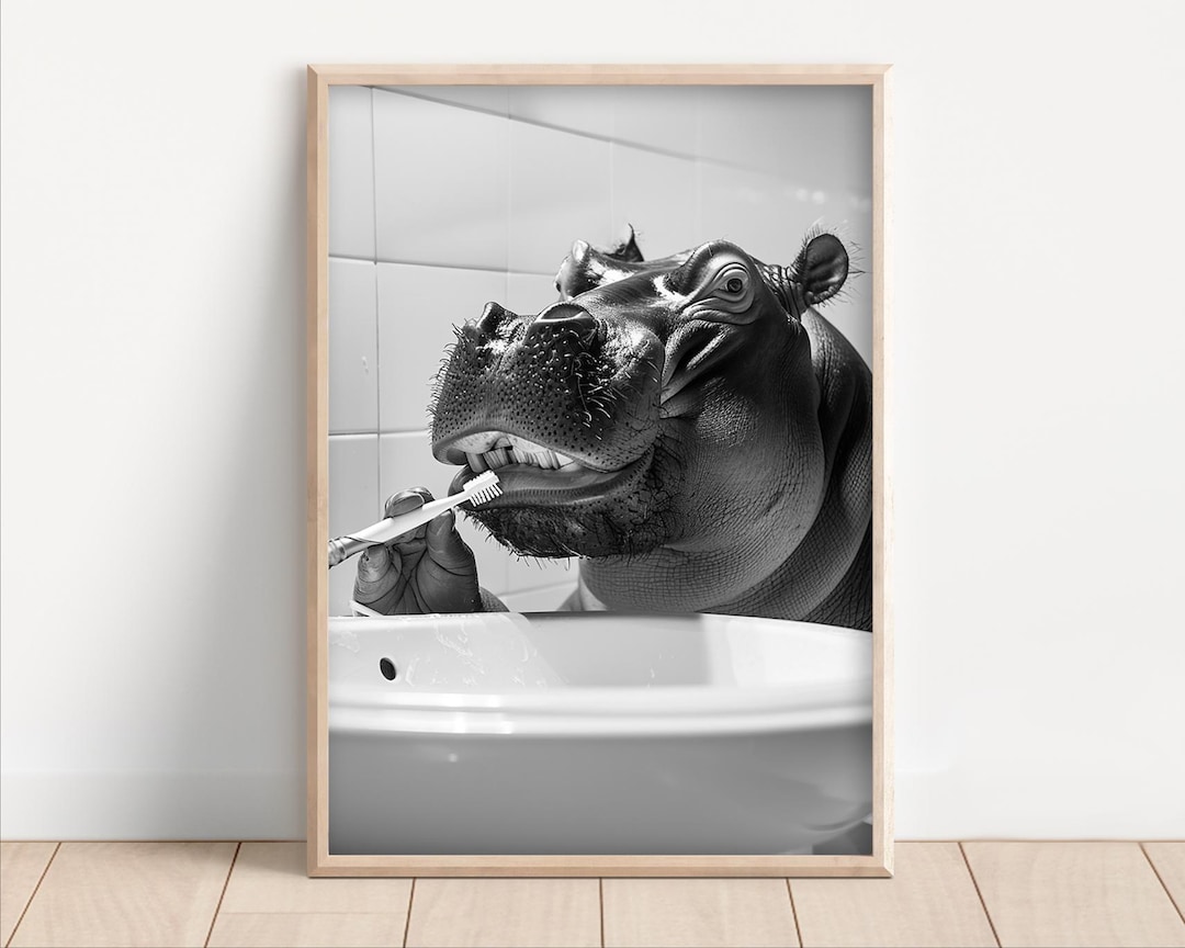 Hippo Brushing Teeth, Poster or Canvas, Funny Bathroom Wall Art, Kids ...