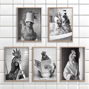 Chicken Wall Art Set, Funny Bathroom Decor, Poster Canvas, Chicken on ...