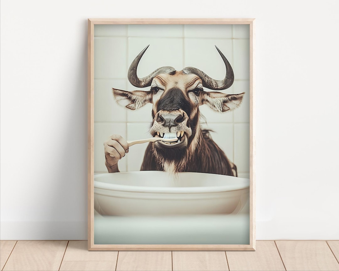 Wildebeest Brushing Teeth, Poster or Canvas, Funny Bathroom Wall Art ...