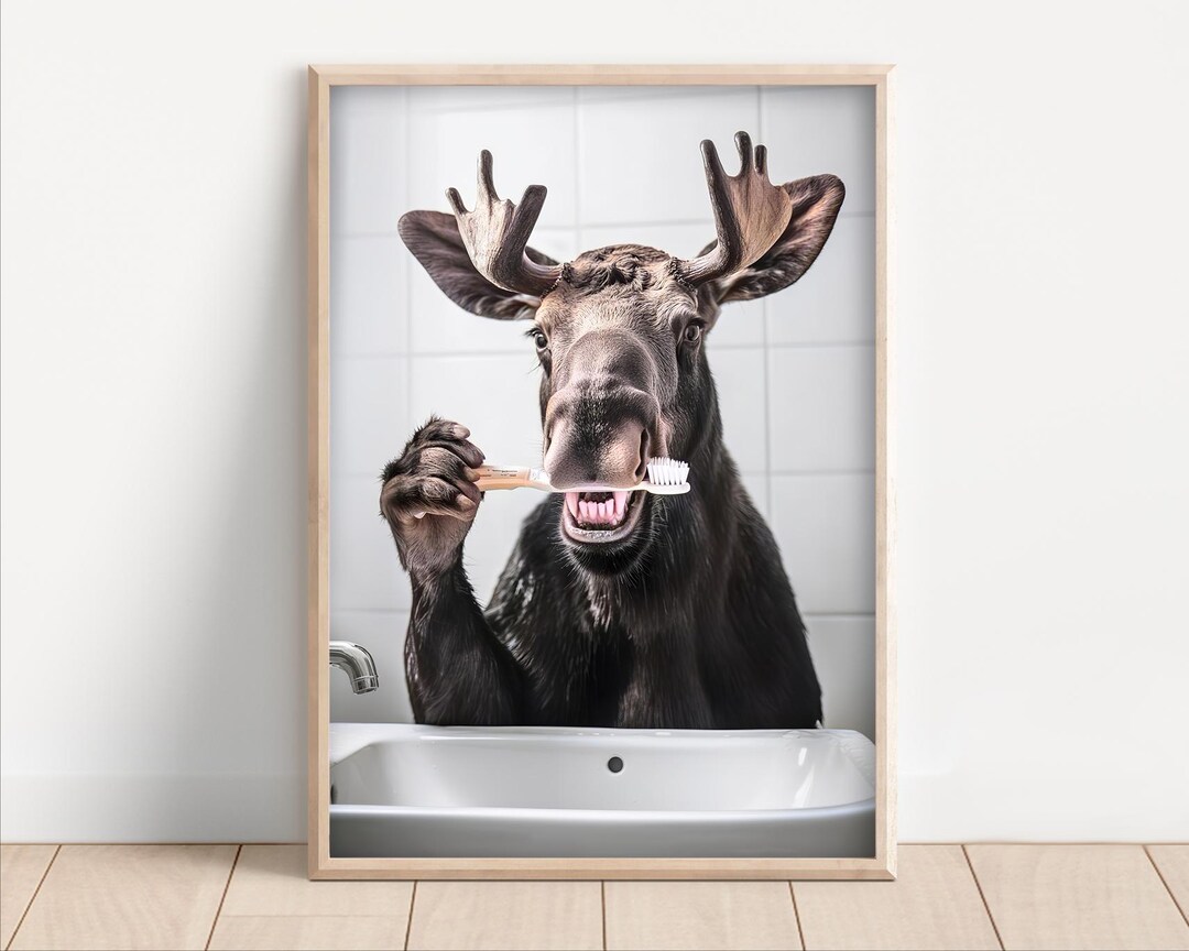 Funny Moose Brushing Teeth, Bathroom Wall Art, Poster or Canvas, Quirky ...