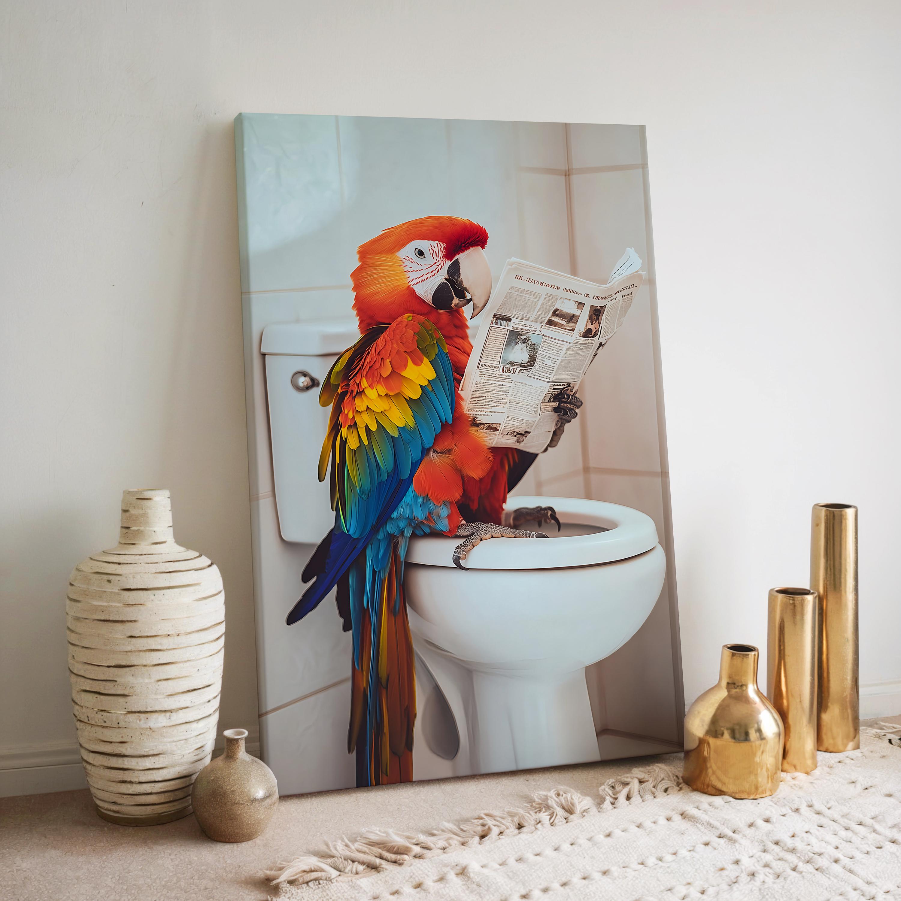 Parrot on Toilet Reading Newspaper, Poster Canvas, Funny Bathroom Wall ...