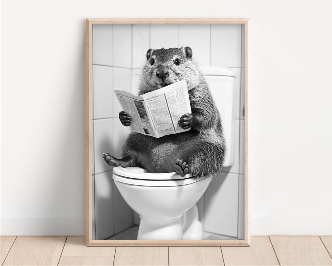 Funny Beaver Poster, Bathroom Wall Art, Beaver on Toilet Reading ...