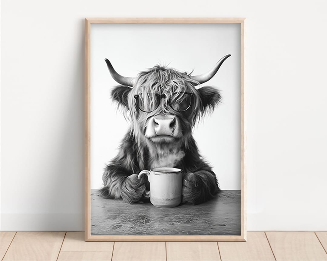 Highland Cow Drinking Coffee, Poster or Canvas, Funny Kitchen Wall Art ...