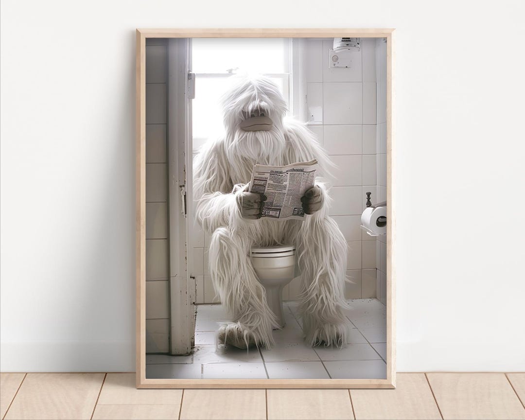 Yeti Sitting on Toilet Reading Newspaper, Poster or Canvas, Funny ...