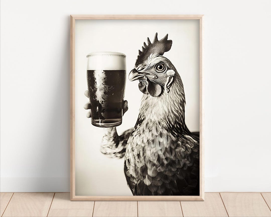 Chicken Drinking Beer Canvas, Funny Kitchen Wall Art Poster, Home Bar ...
