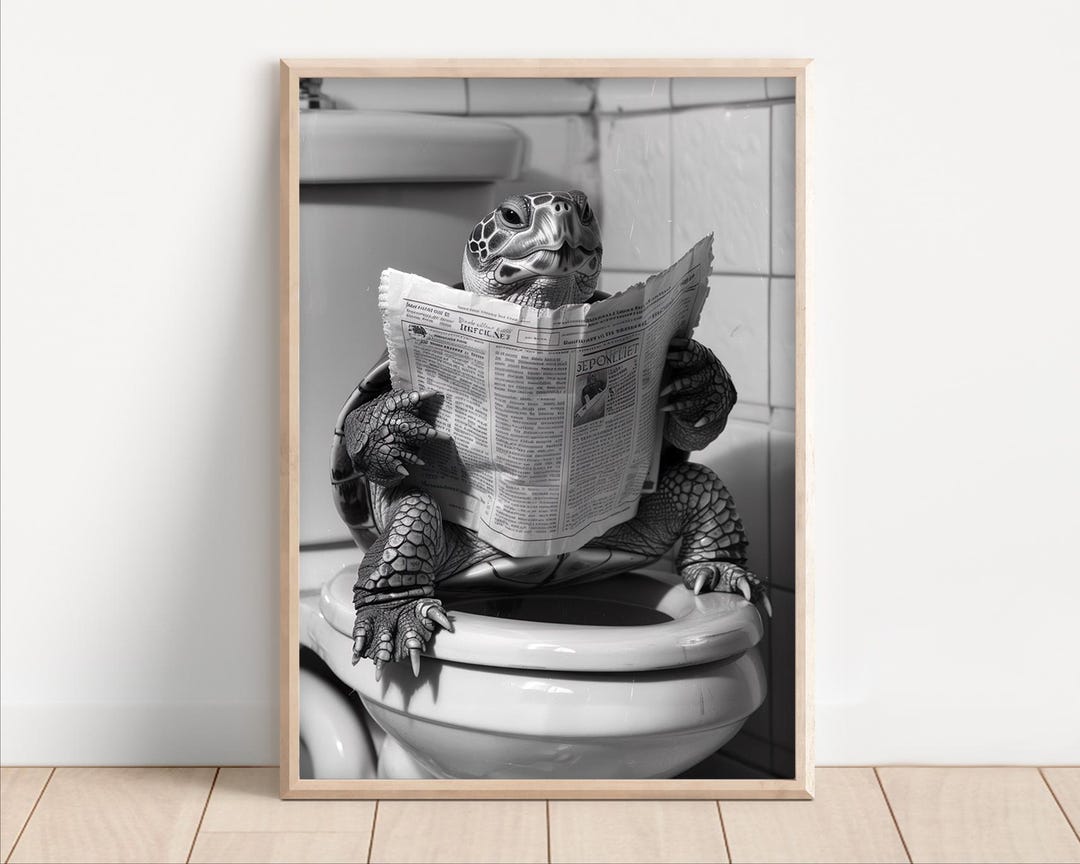 Turtle on Toilet Reading Newspaper, Poster Canvas, Funny Bathroom Wall ...
