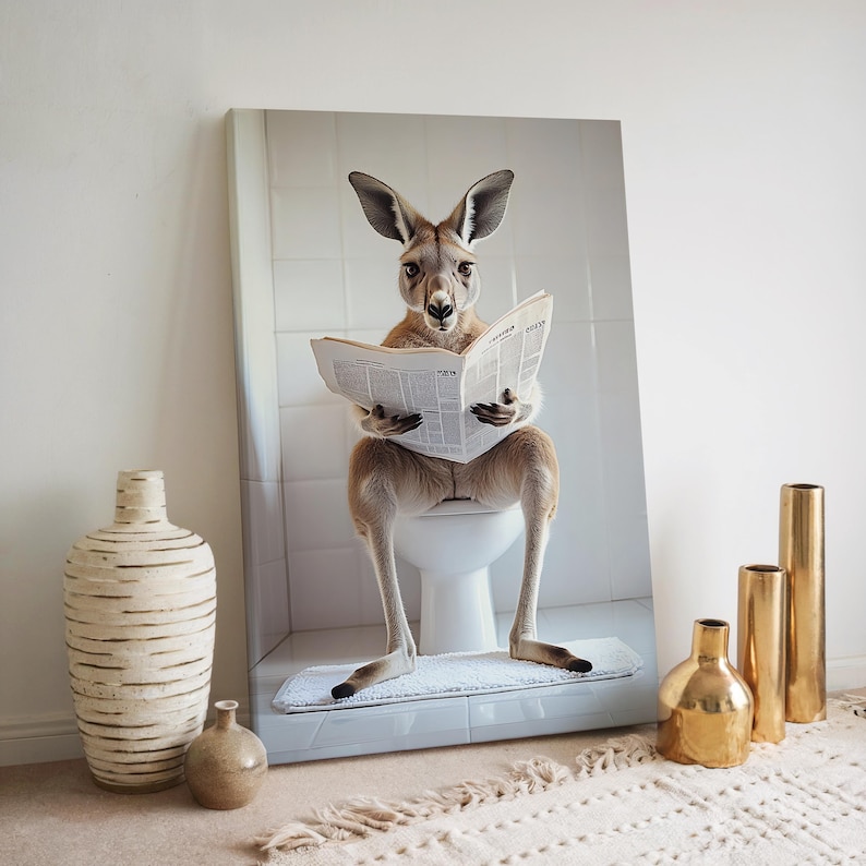 Kangaroo on Toilet Reading Newspaper, Poster Canvas, Funny Bathroom ...