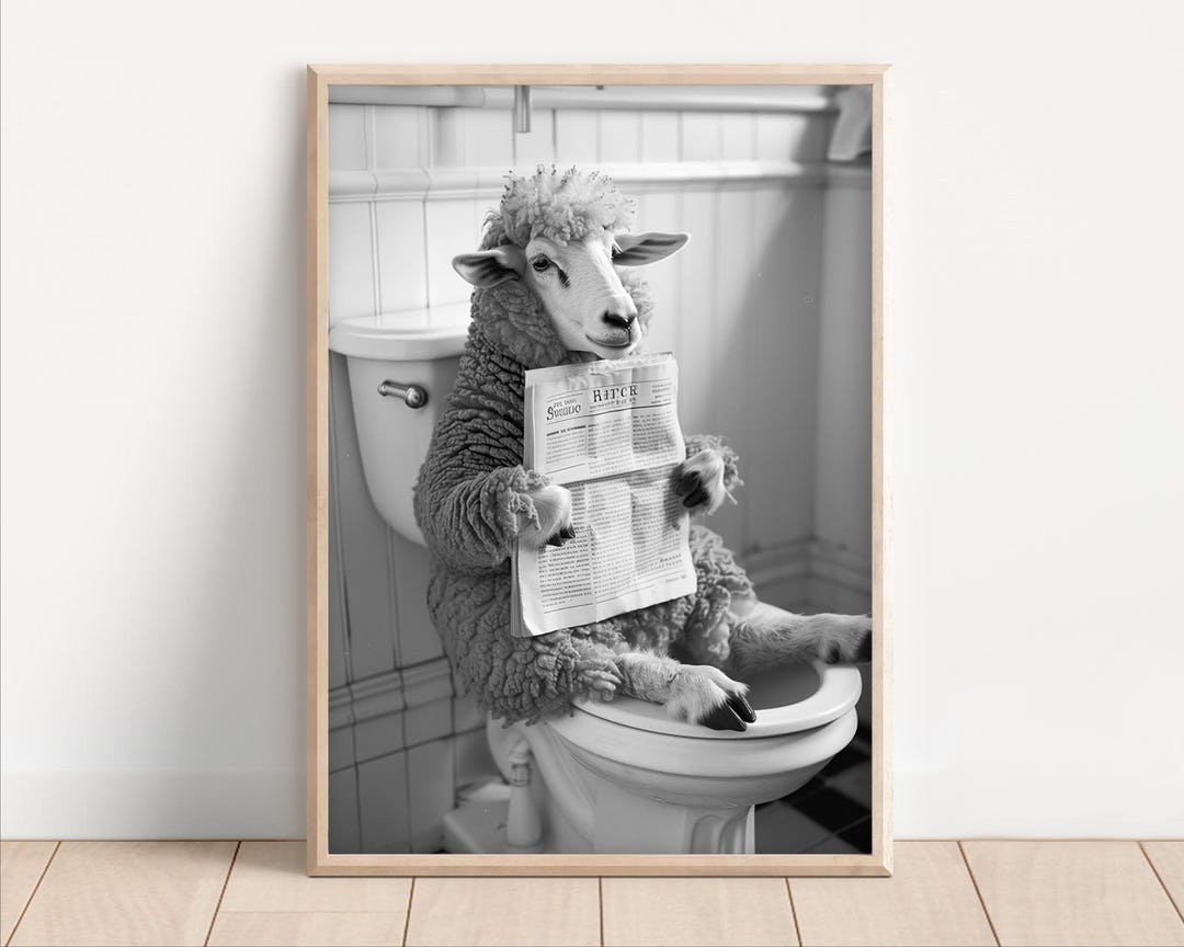 Sheep on Toilet Reading Newspaper, Poster Canvas, Funny Bathroom Wall ...