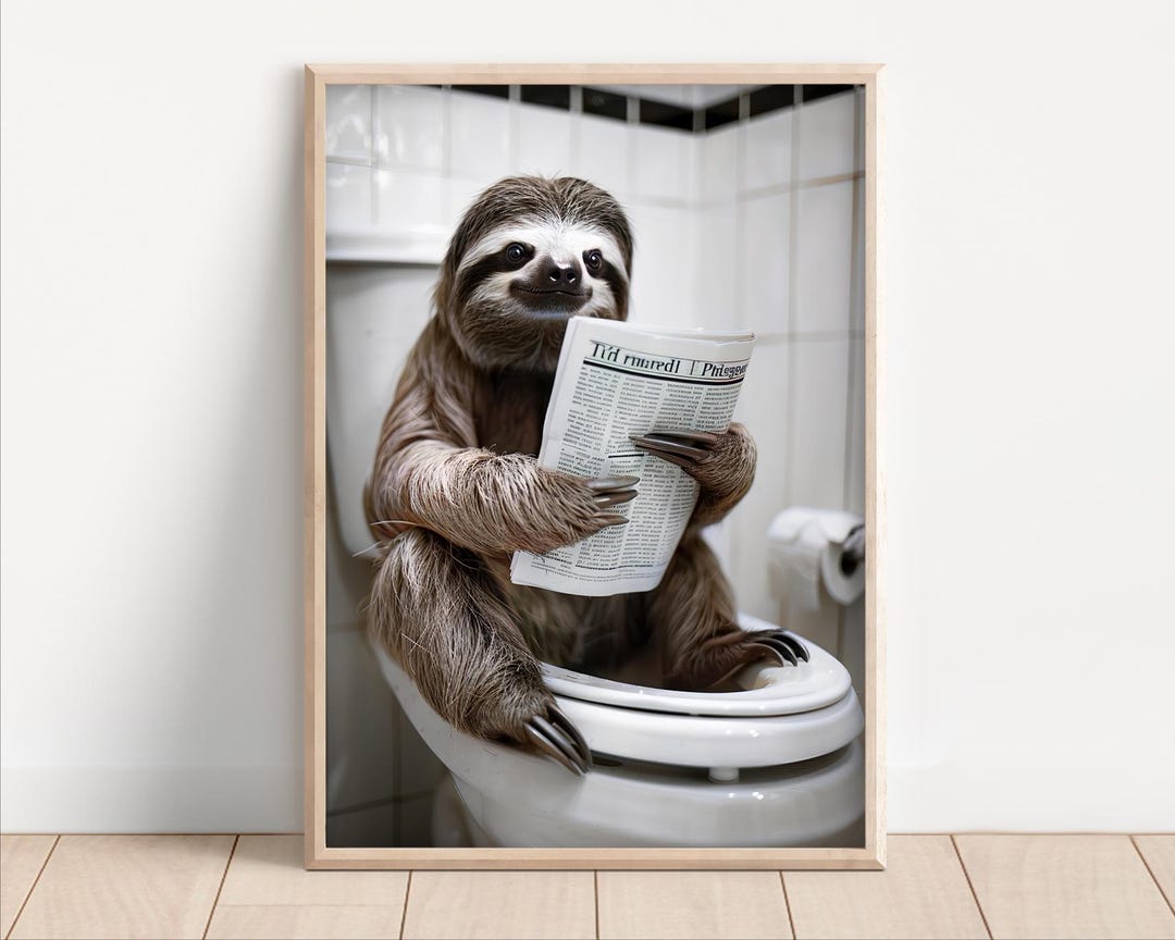 Funny Sloth on Toilet Bathroom Wall Art, Poster or Canvas, Hilarious ...