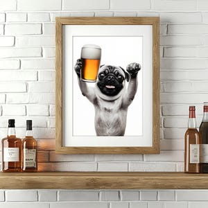 Pug Dog Drinking Beer, Poster or Canvas, Beer Lover Decor, Alcohol ...
