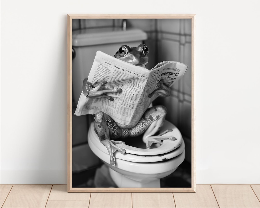 Frog on Toilet Reading Newspaper, Poster Canvas, Funny Bathroom Wall ...