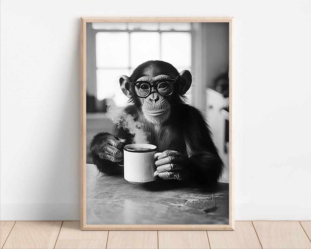 Funny Monkey Drinking Coffee Art Print: Kitchen Coffee Shop Decor - Etsy