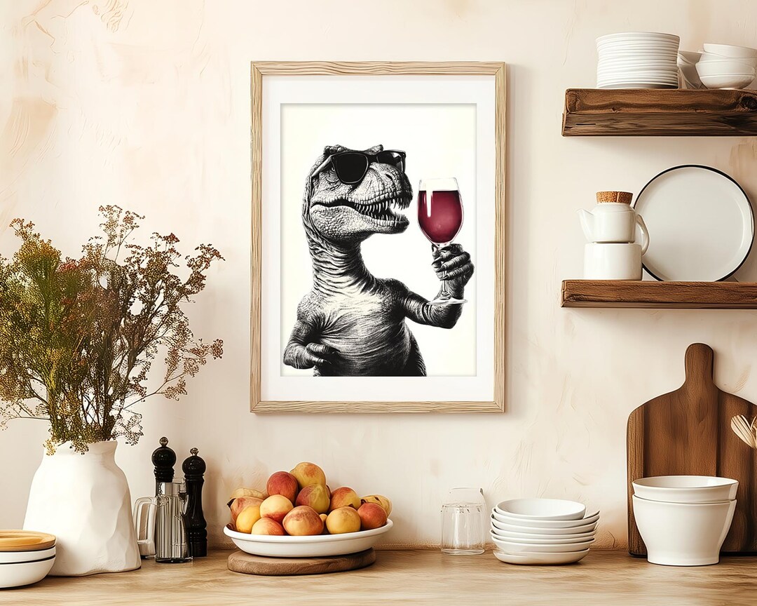T Rex Drinking Red Wine Poster, Funny Kitchen Wall Art, Retro Home Bar ...