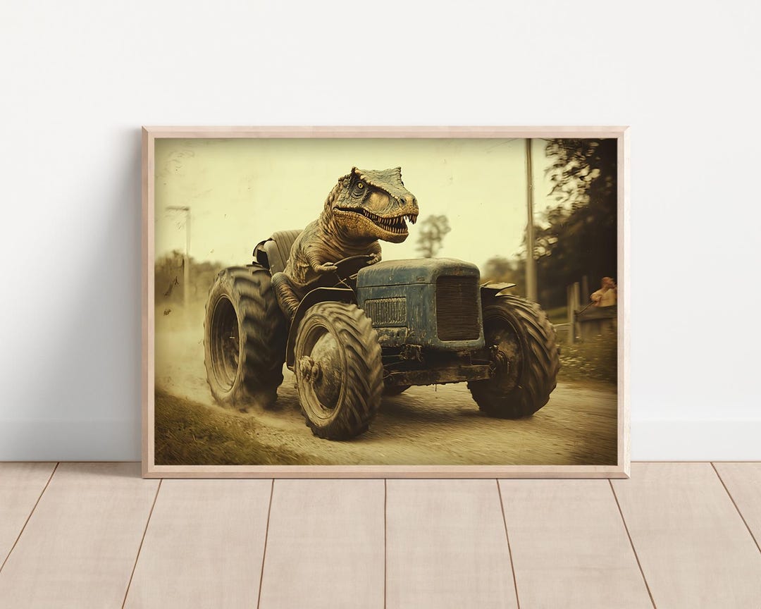 T-rex Driving a Tractor, Poster Canvas, Funny Farm Animal Wall Art ...