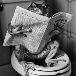 Frog on Toilet Reading Newspaper, Poster Canvas, Funny Bathroom Wall ...