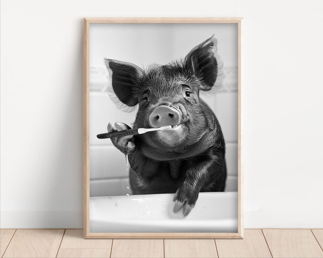 Pig Brushing Teeth, Poster or Canvas, Funny Bathroom Wall Art, Kids ...