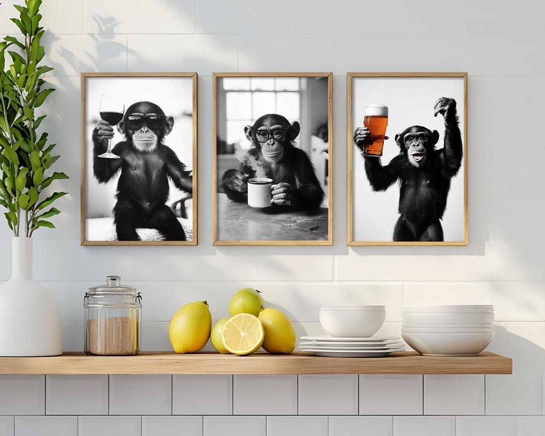 Funny Kitchen Wall Art, Kitchen Canvas Set, Monkey Drinking Beer, Wine ...