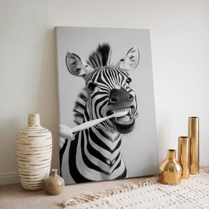 Zebra Brushing Teeth, Poster or Canvas, Funny Bathroom Wall Art, Kids ...