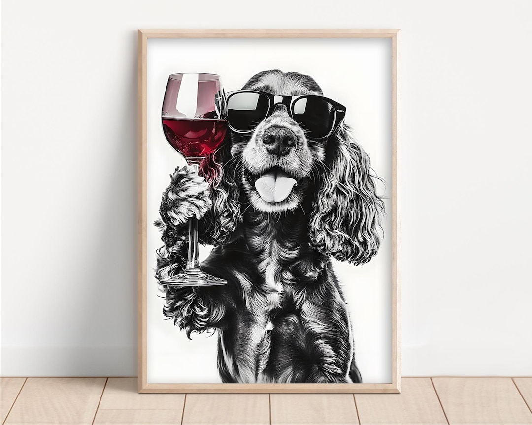 Cocker Spaniel Dog Drinking Wine & Wearing Sunglasses, Poster Canvas ...