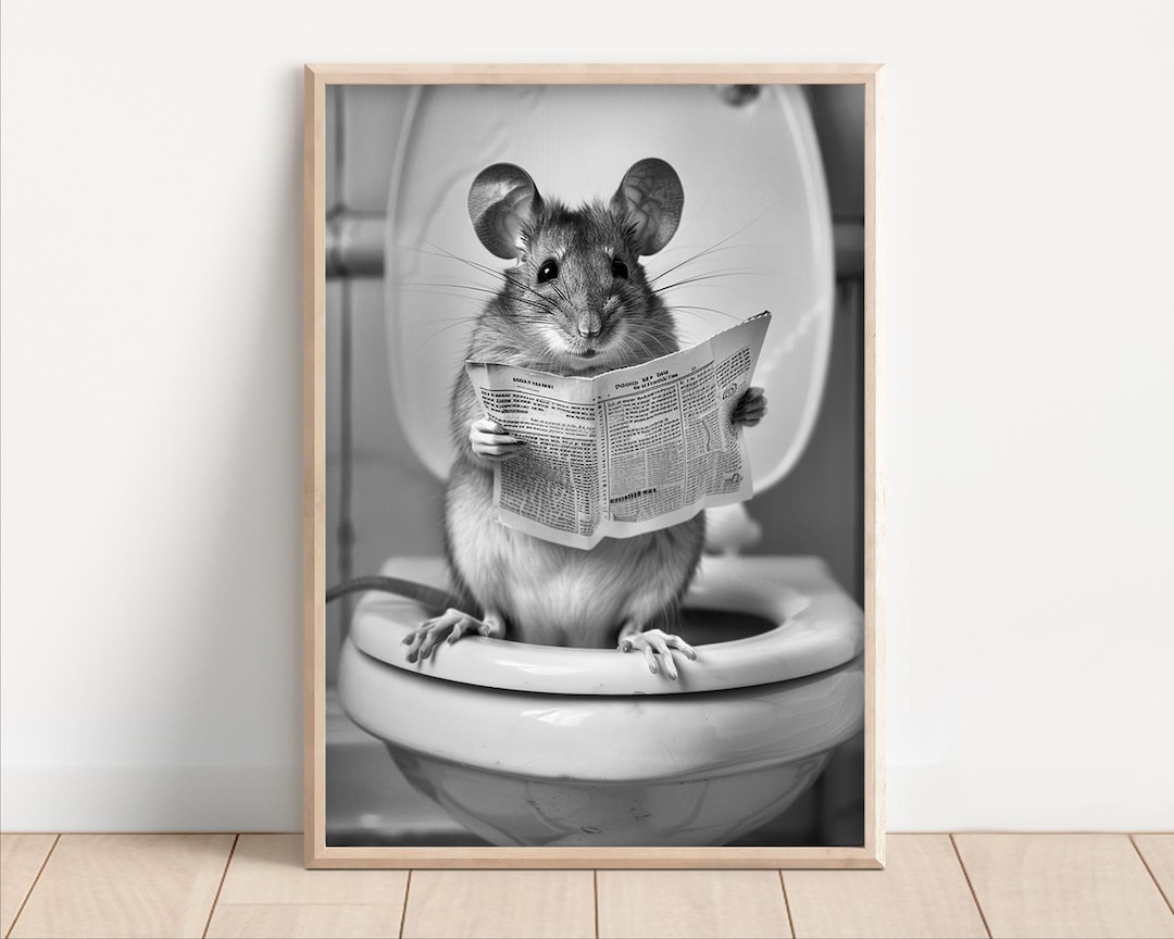Funny Mouse Bathroom Wall Art Print: Sitting on Toilet Reading ...