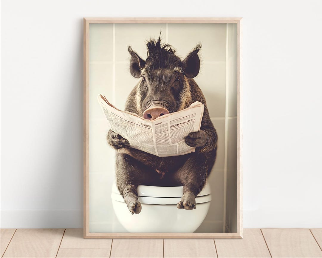 Warthog on Toilet Reading Newspaper, Poster Canvas, Funny Bathroom Wall ...
