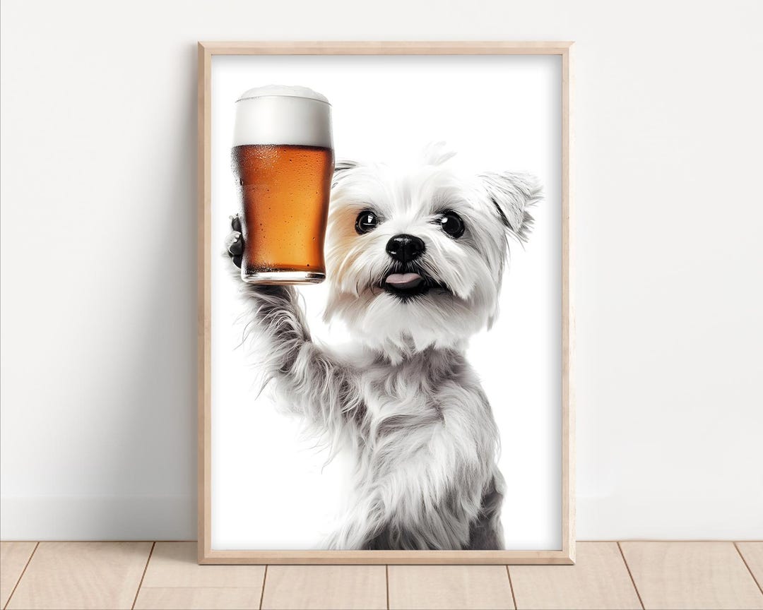 Maltese Dog Drinking Beer, Poster or Canvas, Beer Lover Decor, Alcohol ...