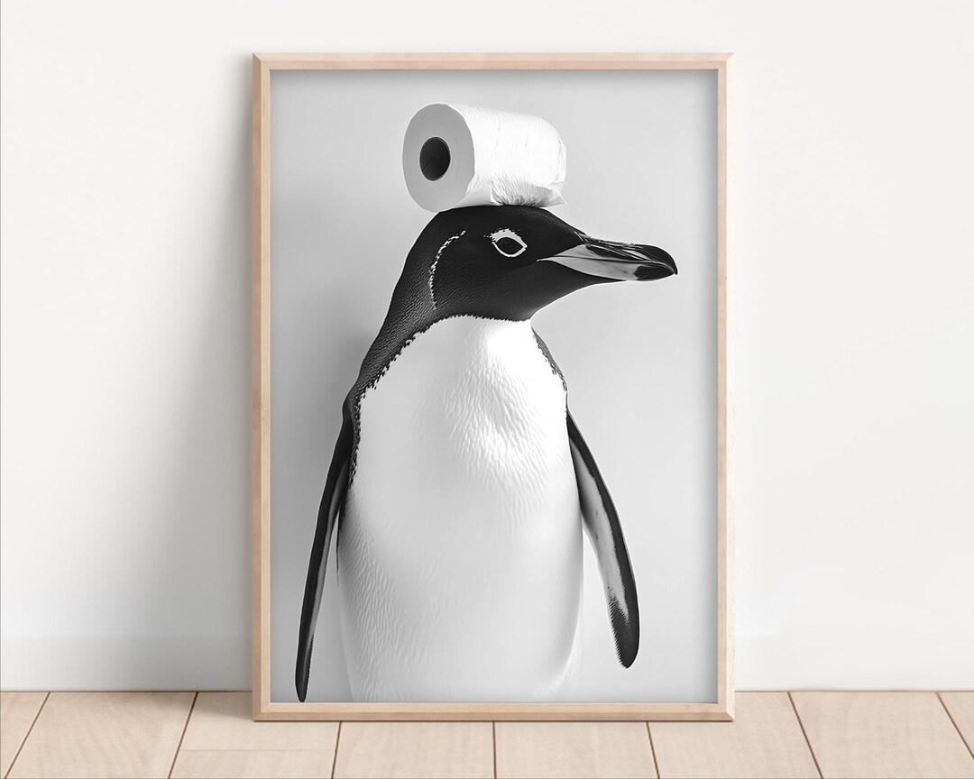 Funny Penguin Bathroom Print: Toilet Paper Hat, Animal Humor Wall Art ...