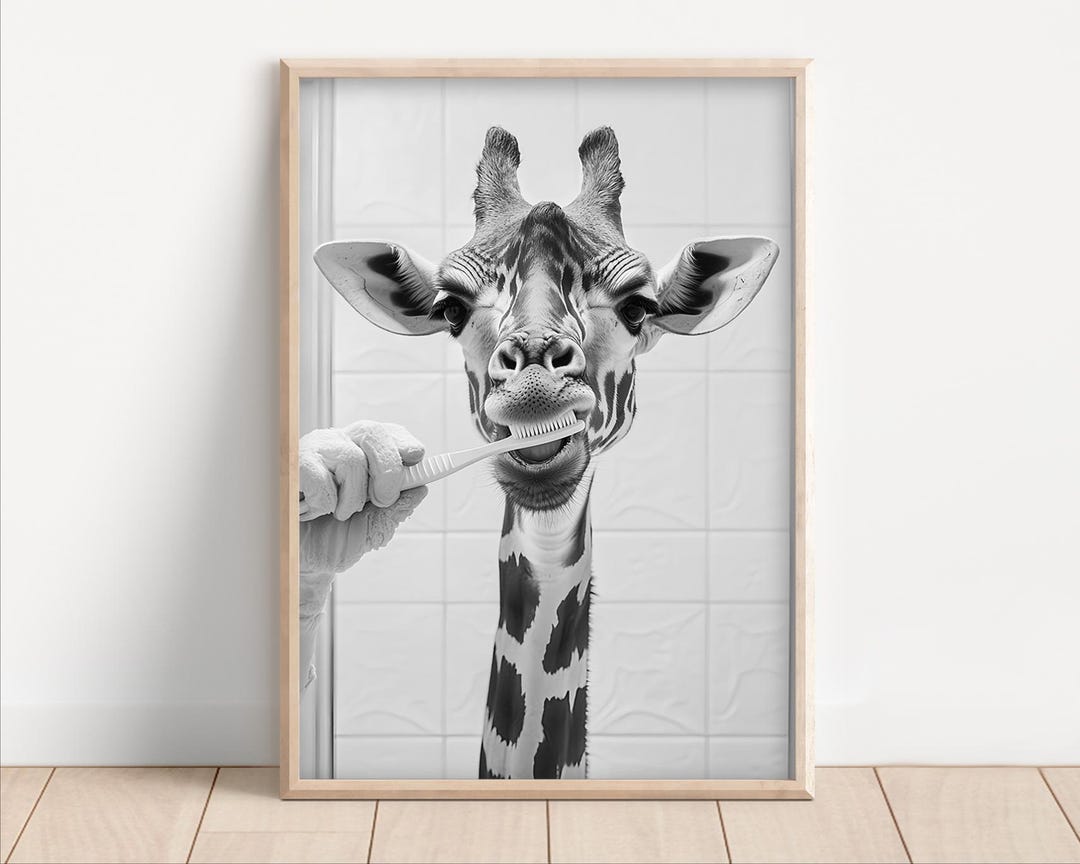 Giraffe Brushing Teeth, Poster or Canvas, Funny Bathroom Wall Art, Kids ...