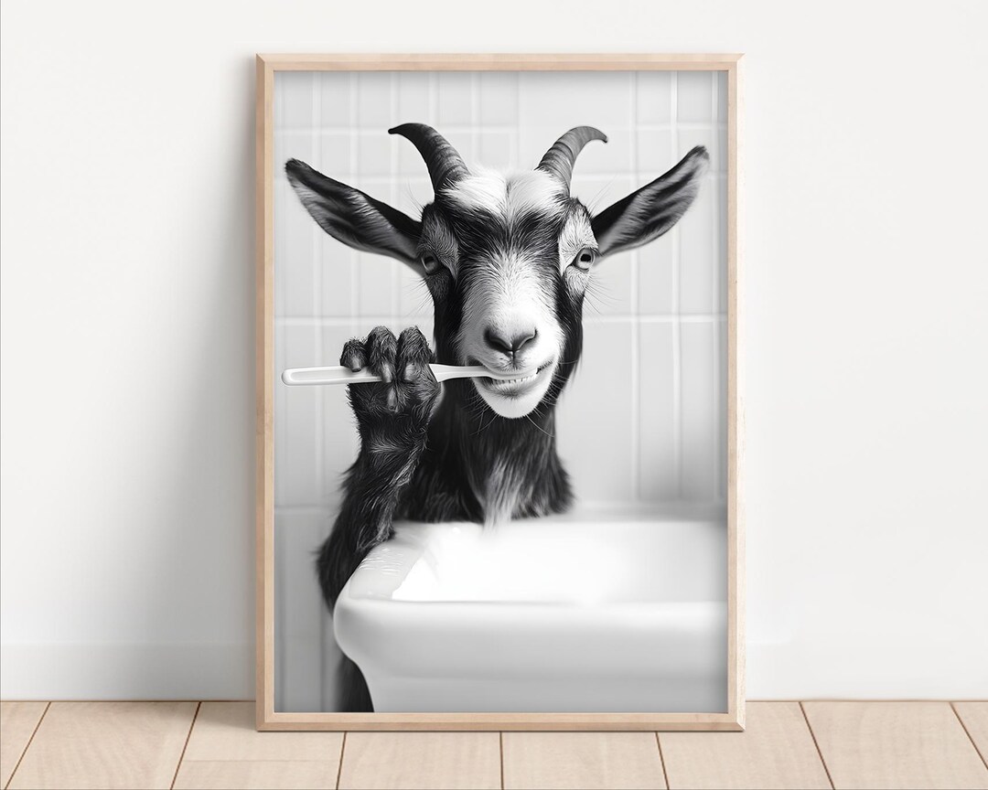 Goat Brushing Teeth, Poster or Canvas, Funny Bathroom Wall Art, Kids ...