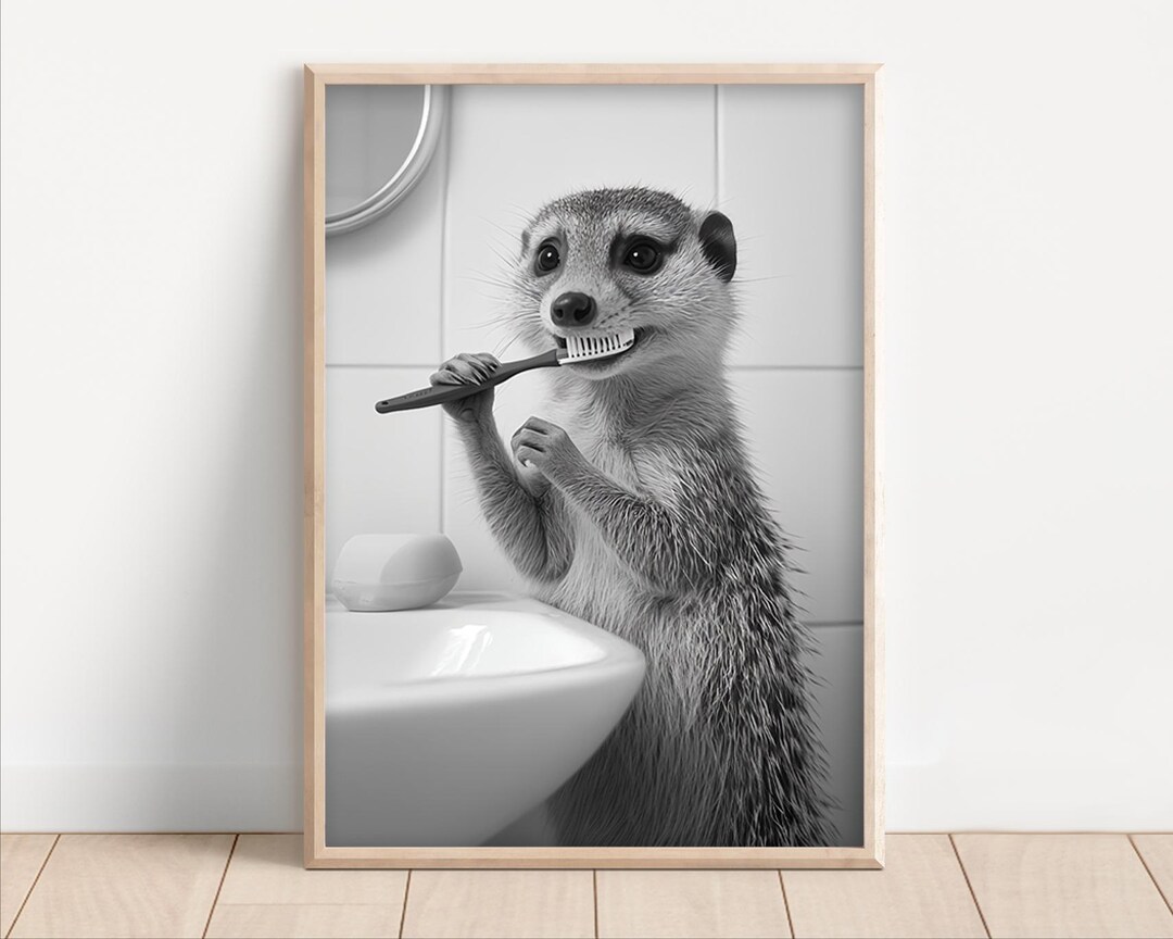 Funny Mongoose Brushing Teeth Print: Bathroom or Laundry Room Poster - Etsy
