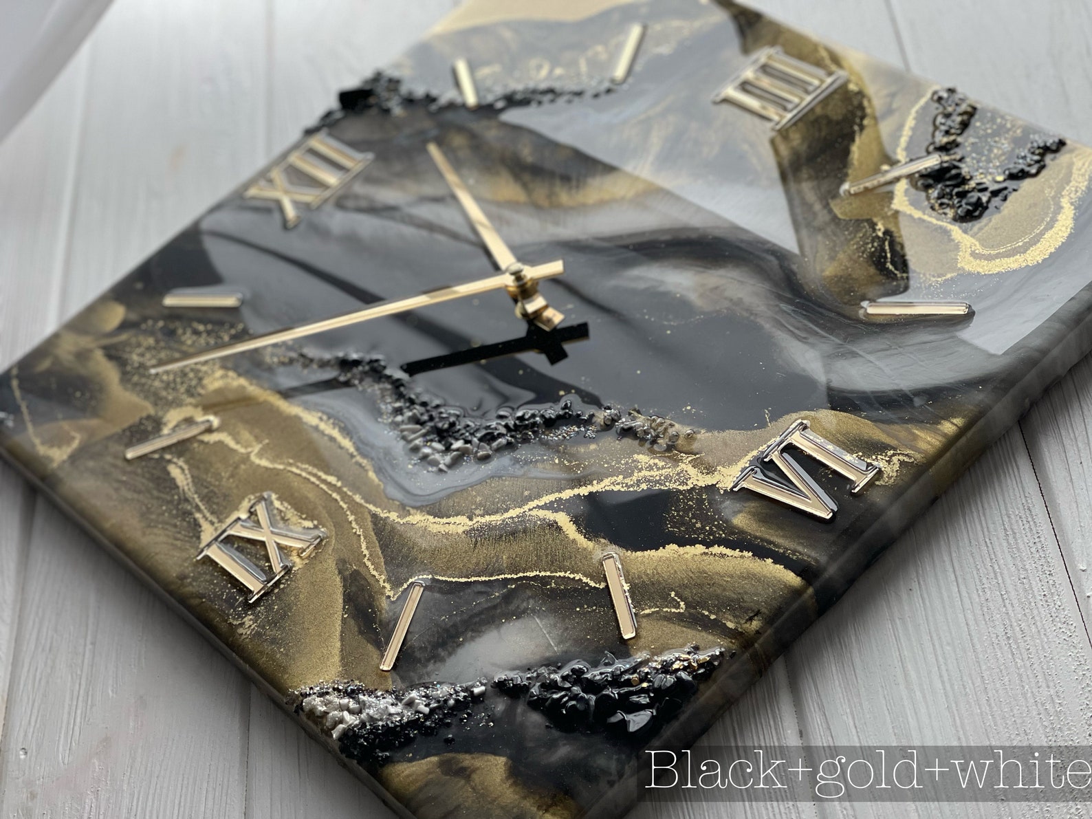 Resin Art Wall Square Clock Black and White Wall Art With Natural ...