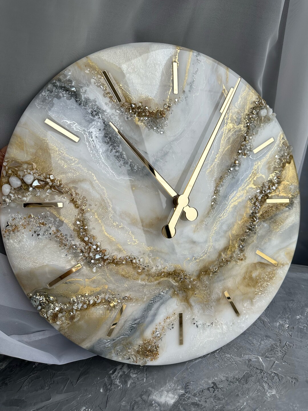 Gold Wall Decor Resin Art Clock Home Decor White Pearl Silver and Gold ...